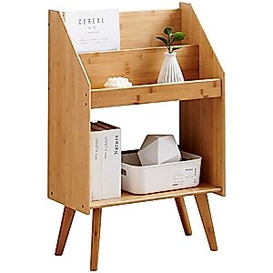 AbocoFur Bamboo Floor Book and Magazine Display Shelf, 20.67"(L) x10.63(W) x30.71(H), Multifunction Free Standing Organizer Storage Rack, Small Bookcase for Home, Office, Burlywood