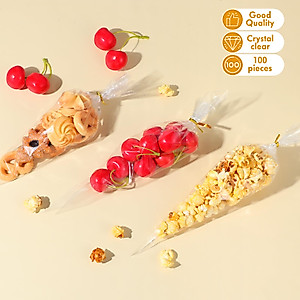 YUXIANLB 100Pcs Cone Shaped Treat Bags, 6x12 Inches Christmas Candy Transparent Celloph Bags, Cone Bags with Twist Ties, Clear Cone Snack Bags for Gift Giving, Packaging Snack, Popcorn Favor