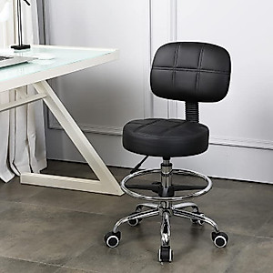 KKTONER Swivel Round Rolling Stool PU Leather with Adjustable Foot Rest Height Adjustable Task Work Drafting Chair with Back(Black)