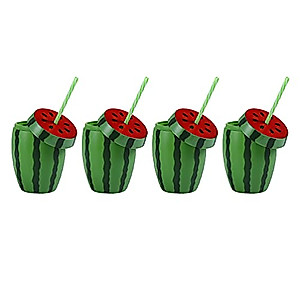 NUOBESTY 4pcs Fruit Shaped Cup Plastic Drinking Cup Watermelon Sippy Cup with Straw Lids for Summer Hawaiian Tropical Luau Party Supplies