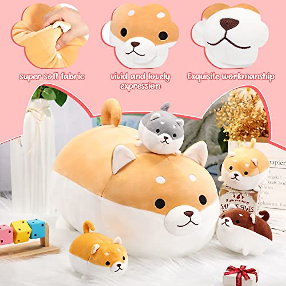 5 Pcs Stuffed Mommy Babies Dog Pillows 17.7 Inch Shiba Inu Plush Animals Toys with 5.9 Inch Small Corgi Dog Puppy Babies Plush Pillows 4 in 1 Kawaii Puppy with Babies Inside Toys Gift for Girls Boys