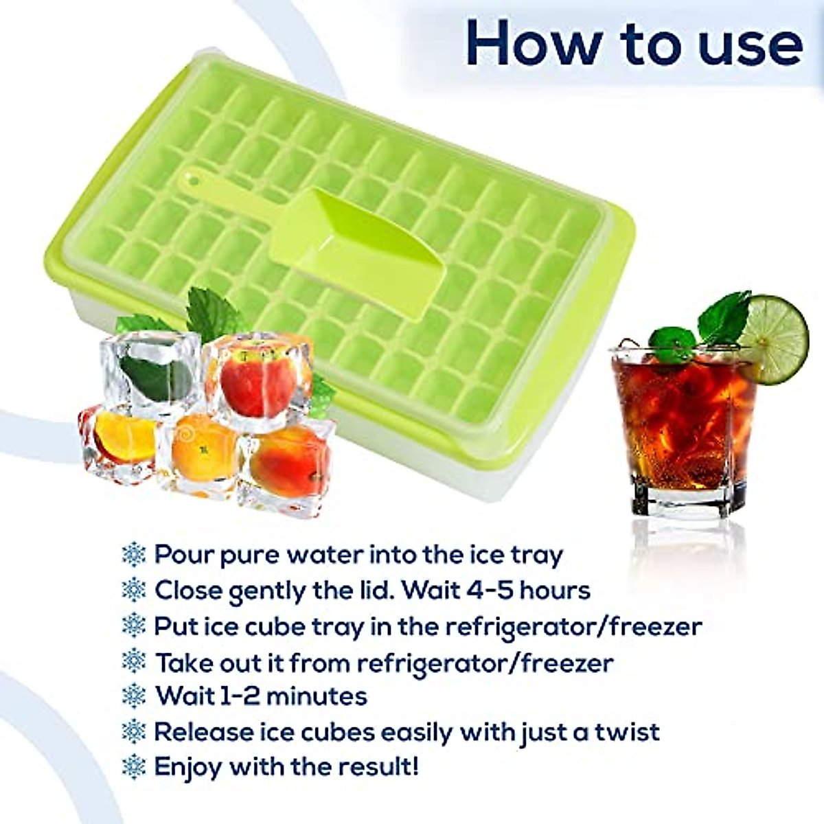 Large Ice Cube Mold, Ice Cube Tray for Freezer, Sphere Ice Container for Cocktails, 55 Mini Nugget Tray with Lid and Bin, Pebble Ice Bucket-Comes with Scoop, Cover, Ice Maker and Holder.