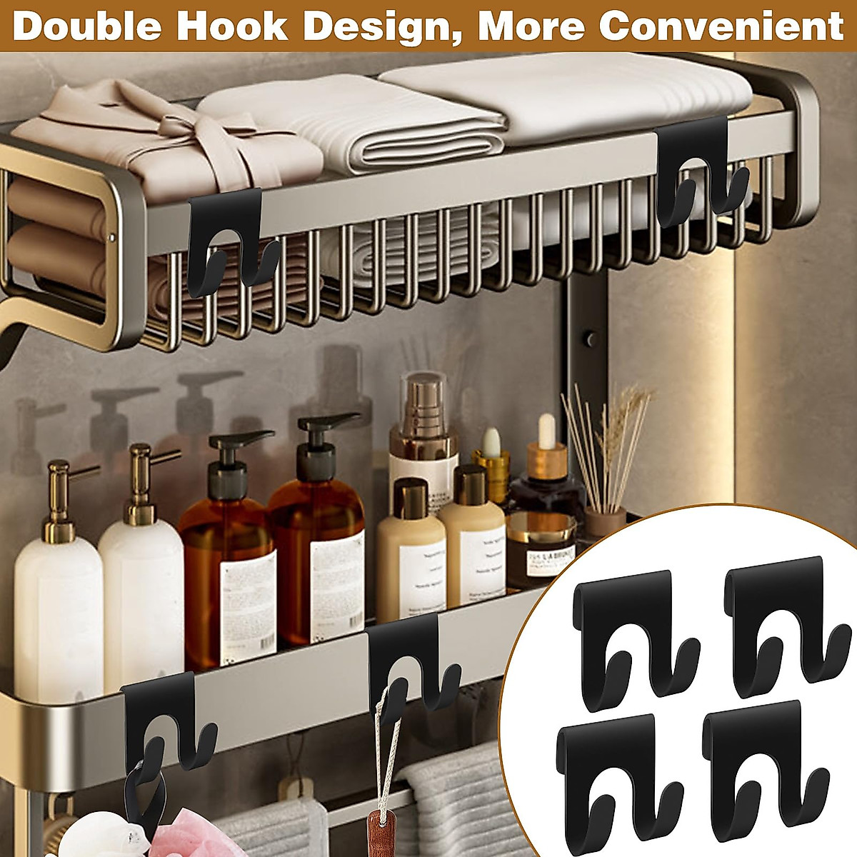 4Pcs Shower Caddy Hooks, Black Shower Hooks Razor Holder for Shower, Metal Shelf Basket Rack Hooks Shower Hanger Bathroom Hangers Organizers, Double Hook Shower Shelf Hooks for Loofah Sponge(Black)