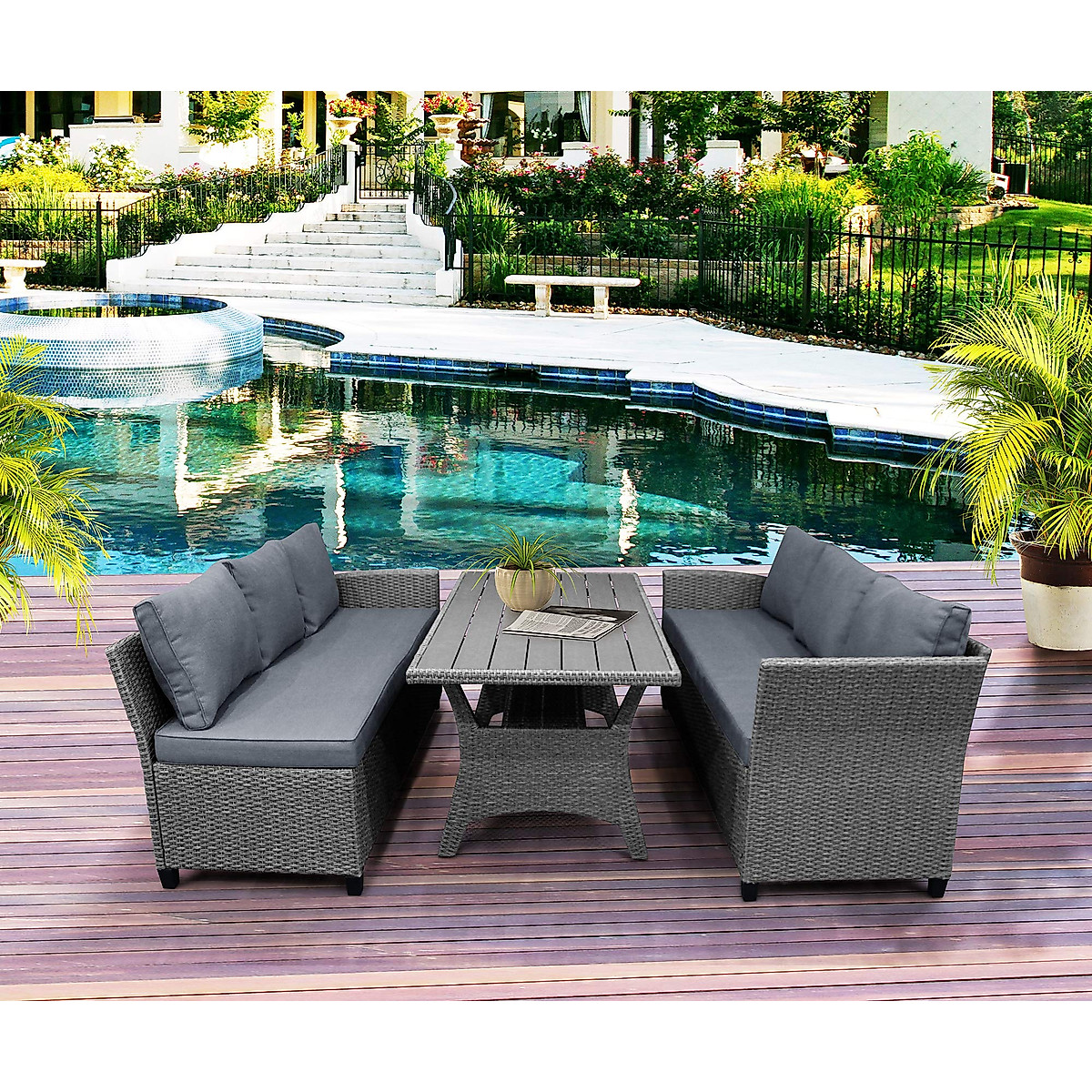 DHPM Patio PE Wicker Furniture Set Outdoor Brown Rattan Sectional Conversation Sofa Chair with Table & Soft Cushions, Gray