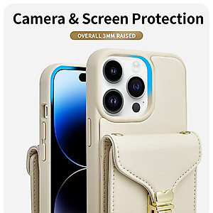 JLFCH ROMIELA for iPhone 14 Pro Max with Crossbody Chain Wrist Strap Card Holder 6.7 inch - Beige