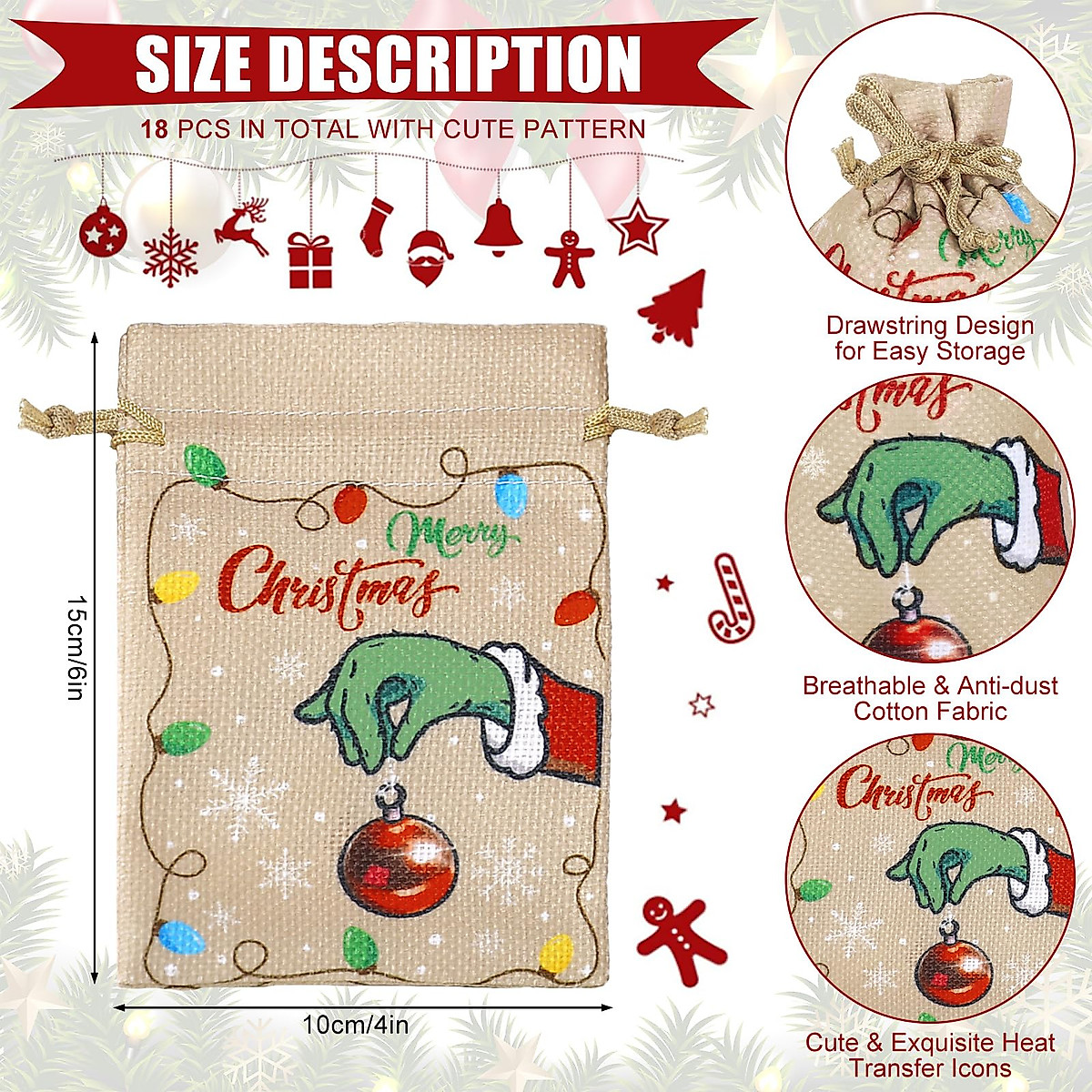 AnyDesign Christmas Burlap Gift Drawstring Bags Funny Cartoon Character Candy Bags 4 x 6 Inch Small Linen Goody Bags Xmas Party Favors Supplies, 18Pcs