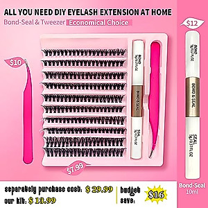 40D Lash Extension Kit 200 Pcs Lash Clusters DIY Individual Lashes Eyelash Extension Kit D Curl Volume Cluster Lashes Wispy with Long Lasting Lash Bond and Seal and Lash Tweezers