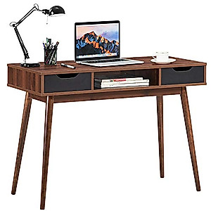 Tangkula Mid Century Desk with Drawers, Modern Writing Study Desk, Home Office Desk Computer Desk with Solid Wood Legs & Open Shelf, Study Workstation Multifunctional Vanity Table Desk for Bedroom