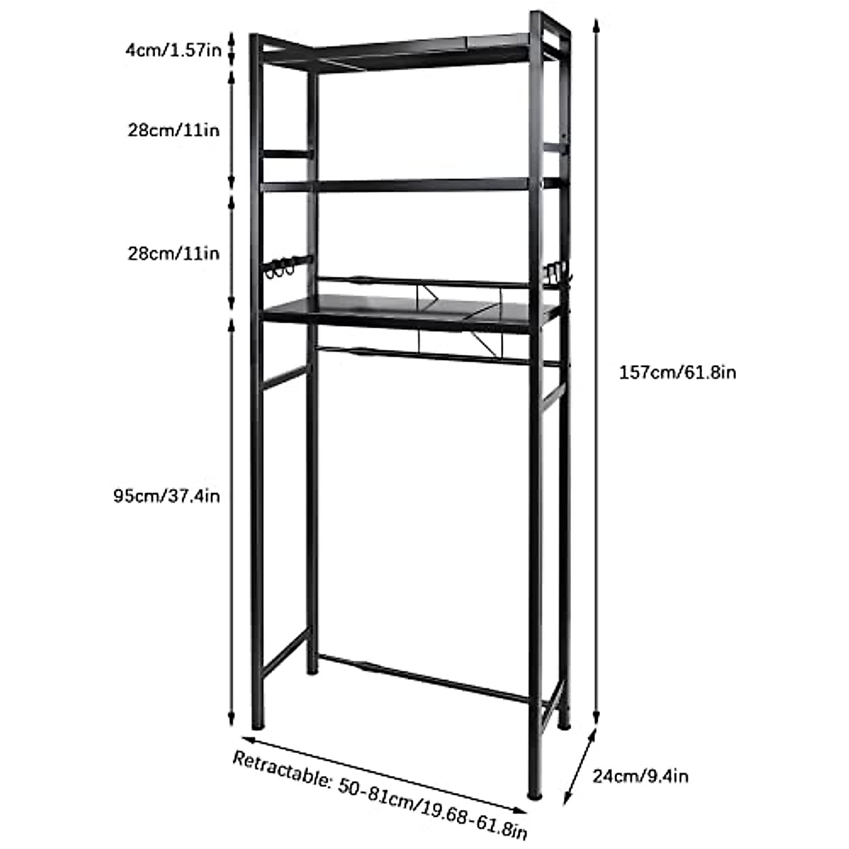 WCHOSOZH Bathroom Shelf Over Toilet, Telescopic Over The Toilet Space Saver with 6 Hooks, 3 Tier Freestanding Bathroom Organizer Storage Rack (Black)