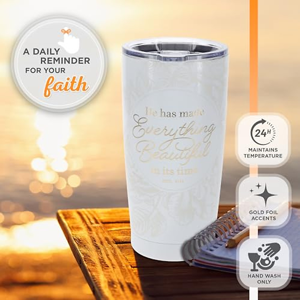 Christian Art Gifts Large Travel Tumbler for Women Stainless Steel Vacuum Insulated Inspirational Scripture: Everything Beautiful, Retractable Lid, Ivory White Floral, 18 oz.