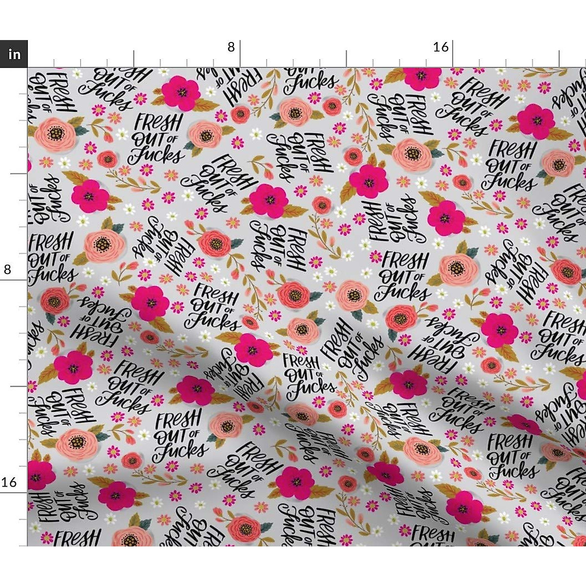Spoonflower Fabric - Pretty Fresh Out Pink Flowers Floral Gray Rose Daisy Swear Curse Word Printed on Petal Signature Cotton Fabric Fat Quarter - Sewing Quilting Apparel Crafts Decor