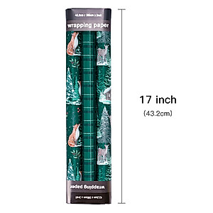 LeZakaa Christmas Green Wrapping Paper Roll - Mini Roll - Fox, Squirrel, Reindeer & Chrismas Tree, Green Plaid for Christmas Holiday Party - 17 x 120 inches - 3 Rolls (42.5 sq.ft.ttl.)