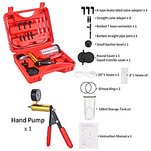 HTOMT 2 in 1 Brake Bleeder Kit Hand held Vacuum Pump Test Set for Automotive with Protected Case,Adapters,One-Man Brake and Clutch Bleeding System(Red)