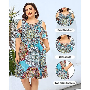 Sun Dresses Women Summer Plus Size Cold Shoulder Beach Swim Cover Up Tshirt Casual Hawaiian Tank Floral Sundress Pockets