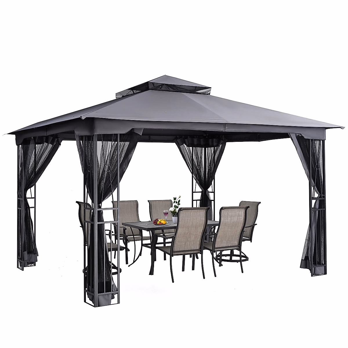 HAPPATIO 10' X 12' Patio Gazebo with Ventilation Double Roof，Outdoor Gazebo with Mosquito Netting for Lawn, Garden (Grey)