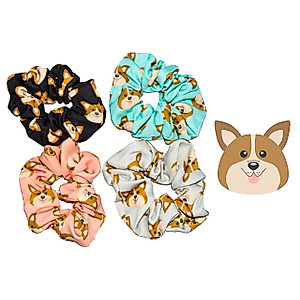 Happie Hare Scrunchies - Cotton Rounds Elastic Hair Bands - Scrunchy Hair Ties - Girls Hair Accessories - Gifts for Women (4 Pack, Mix Colors, Corgi)