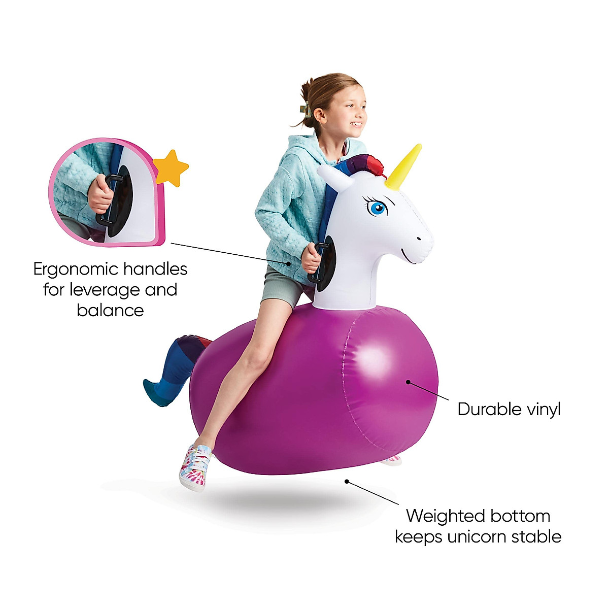 Hearthsong Hop N Go Inflatable Unicorn Riding Bouncy Hopping Toys for Kids Ages 5+ - Ride On Bouncer Animal Hopper Jumping Toys for Outdoor Games (2 Pack)