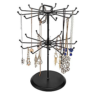 MyGift 2 Tier Black Metal Rotating Necklace and Bracelet Organizer Jewelry Stand with 24 Hooks, Multipurpose Accessory and Keychain Spinning Display Rack with Top Handle Card Holder