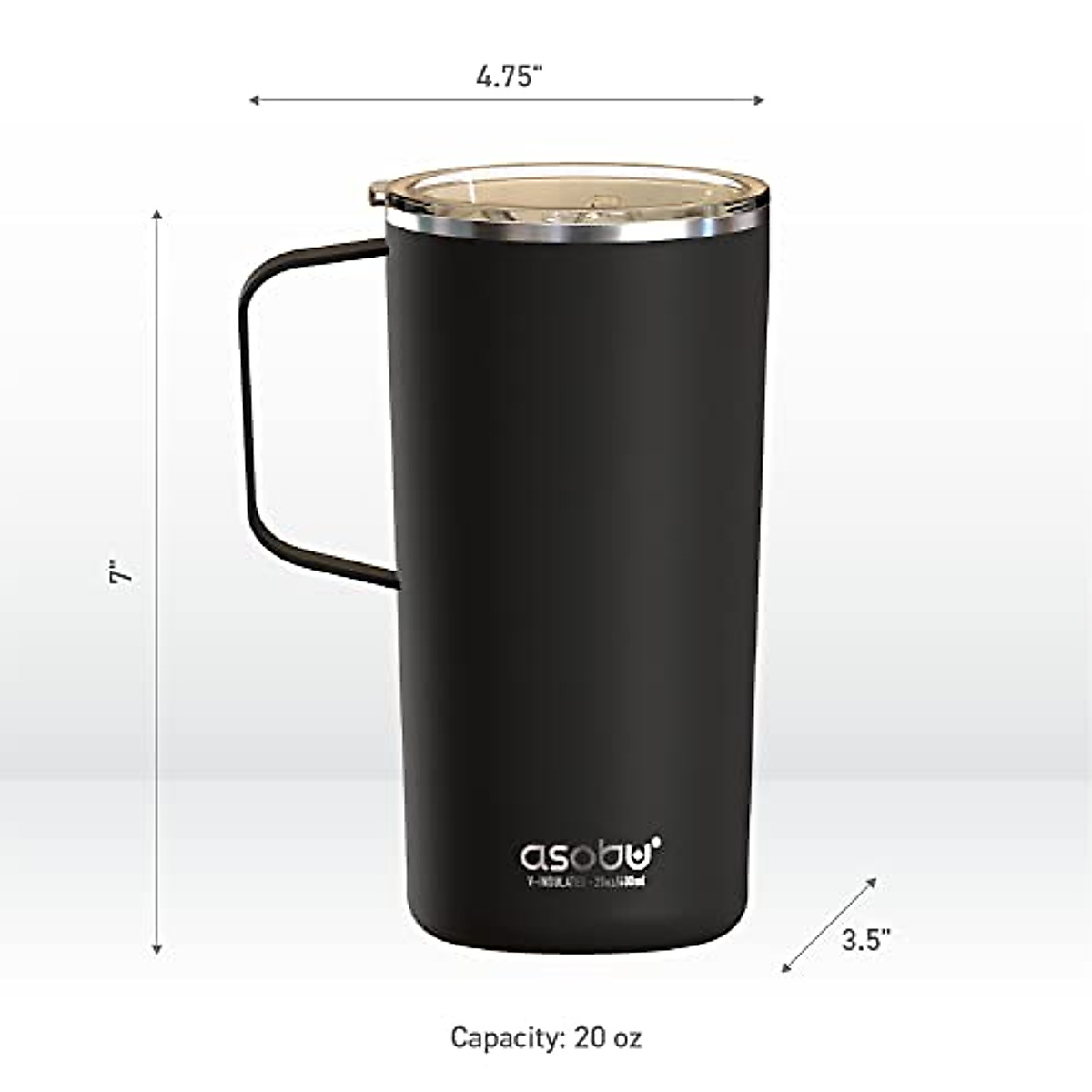 asobu Tower Ceramic Inner Coated Insulated Stainless Steel Cup for Pure Tasting Coffee with Easy Hold Handle and Lid Fits Standard Cup Holders 20 Ounce Travel Mug (Matt Black)