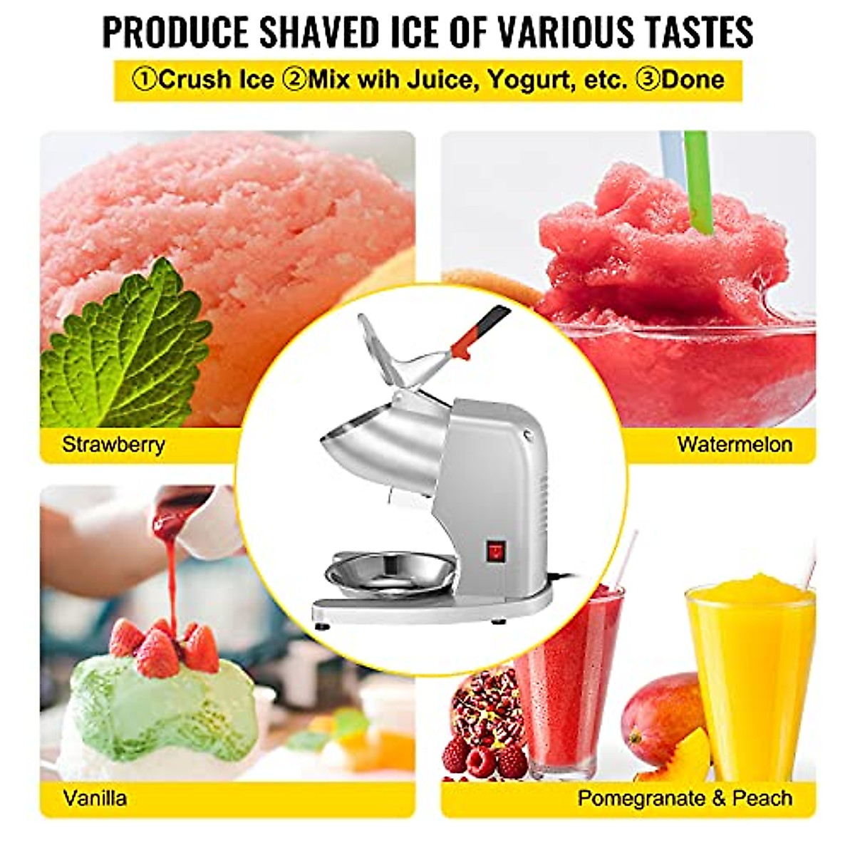 VEVOR 110V Electric Ice Shaver Crusher,300W 1450 RPM Snow Cone Maker Machine with Dual Stainless Steel Blades 210LB/H, Shaved Ice Machine with Ice Plate & Additional Blade for Home and Commercial Use