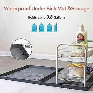 Sdpeia Under Sink Mat, Upgrade 2 PCS Set Interlocking Kitchen Bathroom Cabinet Mats Waterproof Silicone Undersink Tray Up to 3.8 Gallons 34 inx 22 in Splicable Mat (Grey)