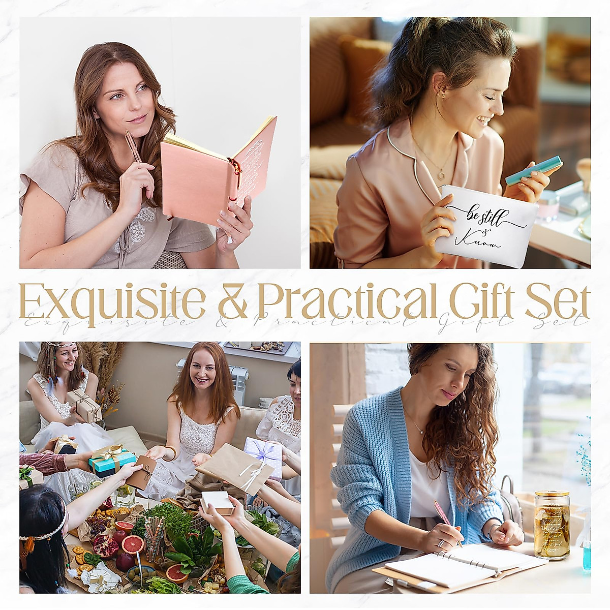 Spakon 6 Pcs Christian Gifts for Women Bible Verse A6 Leather Journal Notebook 16 oz Glass Cup Glitter Ballpoint Pen Makeup Bag Inspirational Gifts Sunday School Teacher Appreciation Day(Rose Gold)