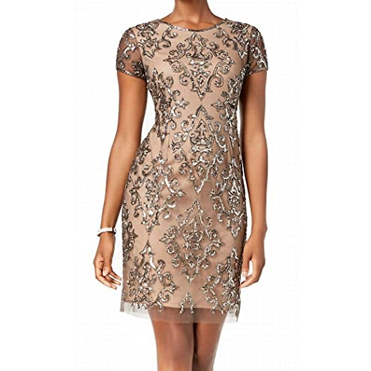 Adrianna Papell Women's Short Fully Beaded Dress, Lead/Nude, 2