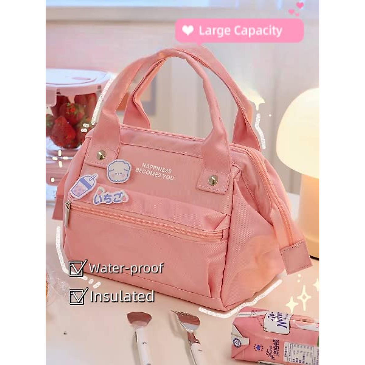 AONUOWE Kawaii Lunch Bag with Kawaii Pins Cute Aesthetic Lunch Bag for Women Girls Large Insulted Tote Bag Kawaii School Supplies (Pink,Small)