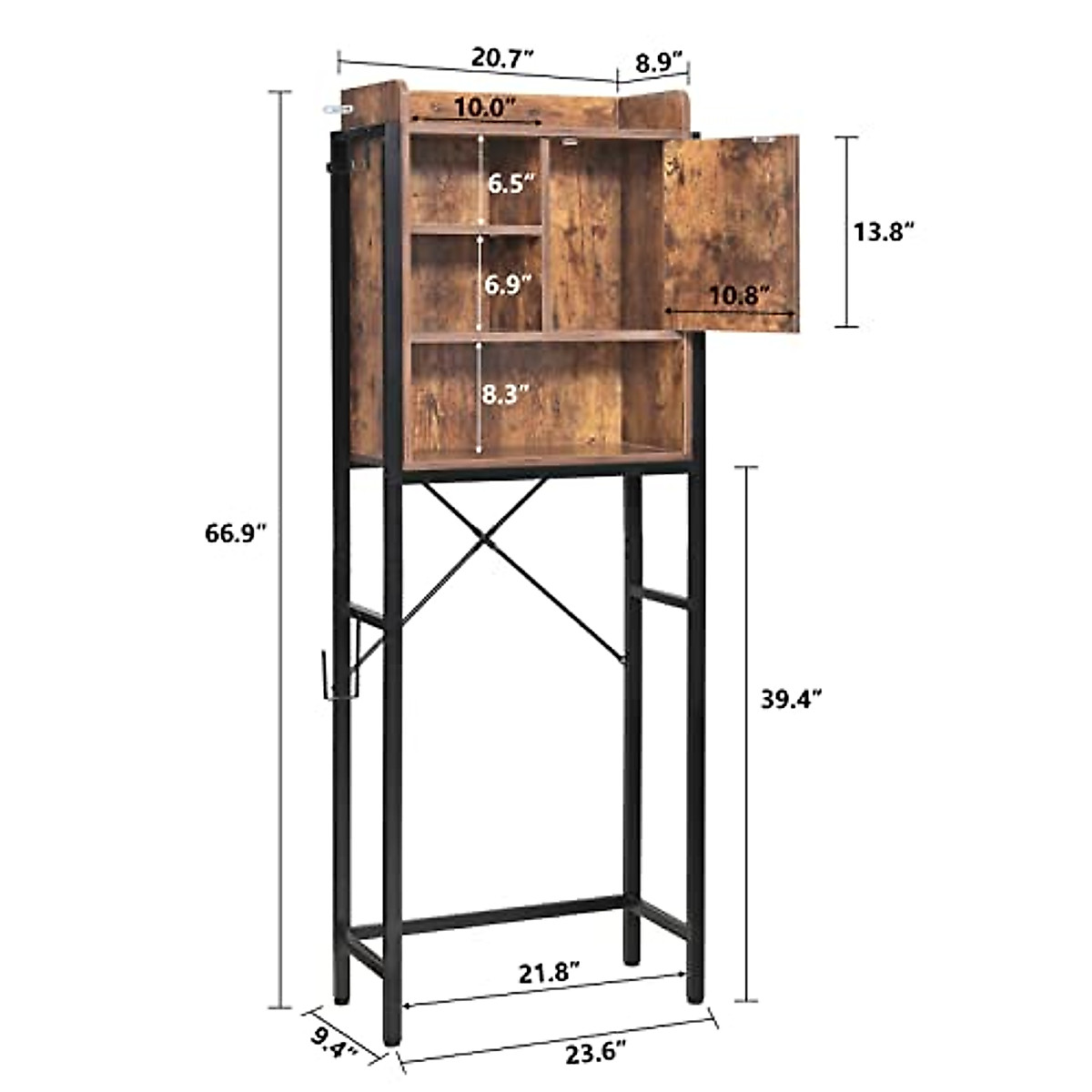 Iwell Over The Toilet Storage Cabinet, Tall Over Toilet Bathroom Organizer with Adjustable Shelf & Paper Hooks, Freestanding Bathroom Space Saver, 66.9''H, Rustic Brown