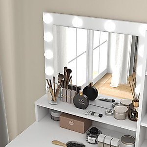 Vanity Desk, Vanity Mirror with Lights and Table Set with 1 Big Drawers, 1 Cabinet & 4 Shelves Makeup Vanity Set 3 Lighting Modes Brightness Adjustable Dressing Table (White)