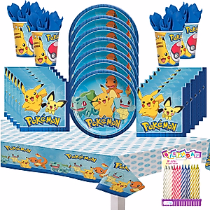 Pokémon Party Supplies Pack Serves 16: Dinner Plates Napkins Cups and Table Cover with Birthday Candles (Bundle for16)