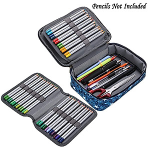 BTSKY Zipper Pens Pencil Case with Pattern-Multi-functional Stationery Pencil Pouch 36 Large Stretchy Slots for 72 Colored Pencils(Star Blue)