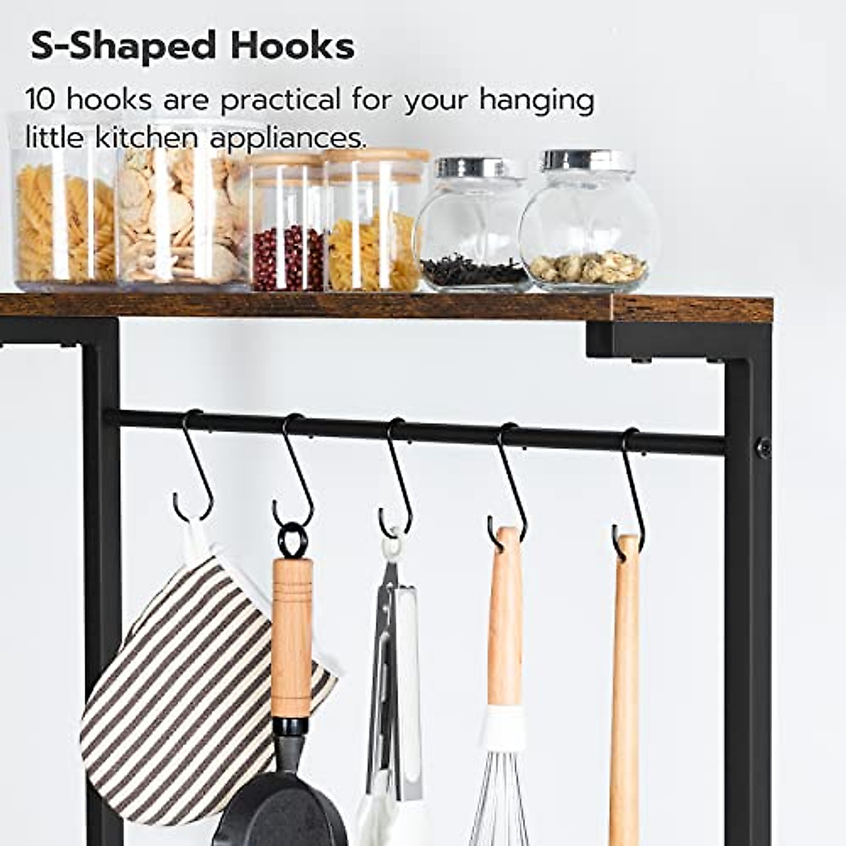HOOBRO Bakers Rack with Power Outlet, 4-Tier Microwave Stand with Adjustable Wine Rack, Coffee Bar with 10 S-Shaped Hooks, for Kitchen, Living Room, Dinning Room, Rustic Brown BF60UHB01