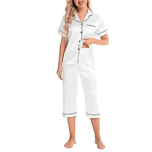 SWOMOG Satin Pajama Set Women Silk Pjs Set Short Sleeve 2 Piece Button Down Sleepwear Lounge Sets White
