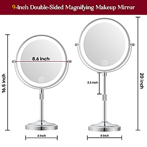 mumianshu Makeup Mirror with Lights and Magnification 10X/1X, 360° Swivel Double Sided Rechargeable LED 9" Cosmetic Mirror, 3 Color Dimmable Lights & Height Adjustable Vanity Mirror Chrome