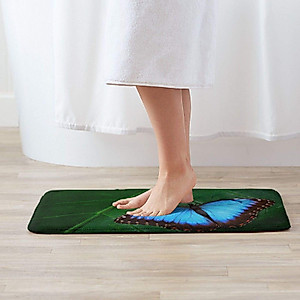 Welcome Doormat Blue Big Butterfly Sitting On Green Leaves Insect in The Habitat Wildlife Welcome Mat Outdoor Entryway Cute Doormat for Front Door Doormat Indoor Non Slip Mat 20x32 Inch