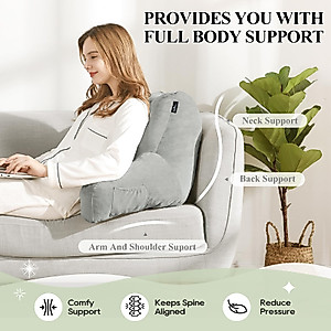 downluxe Reading Pillow with Arms, Back Pillow for Sitting in Bed, Adult Bed Rest Pillow with Shredded Memory Foam and Removable Cover (18 X 15 Inches Grey)