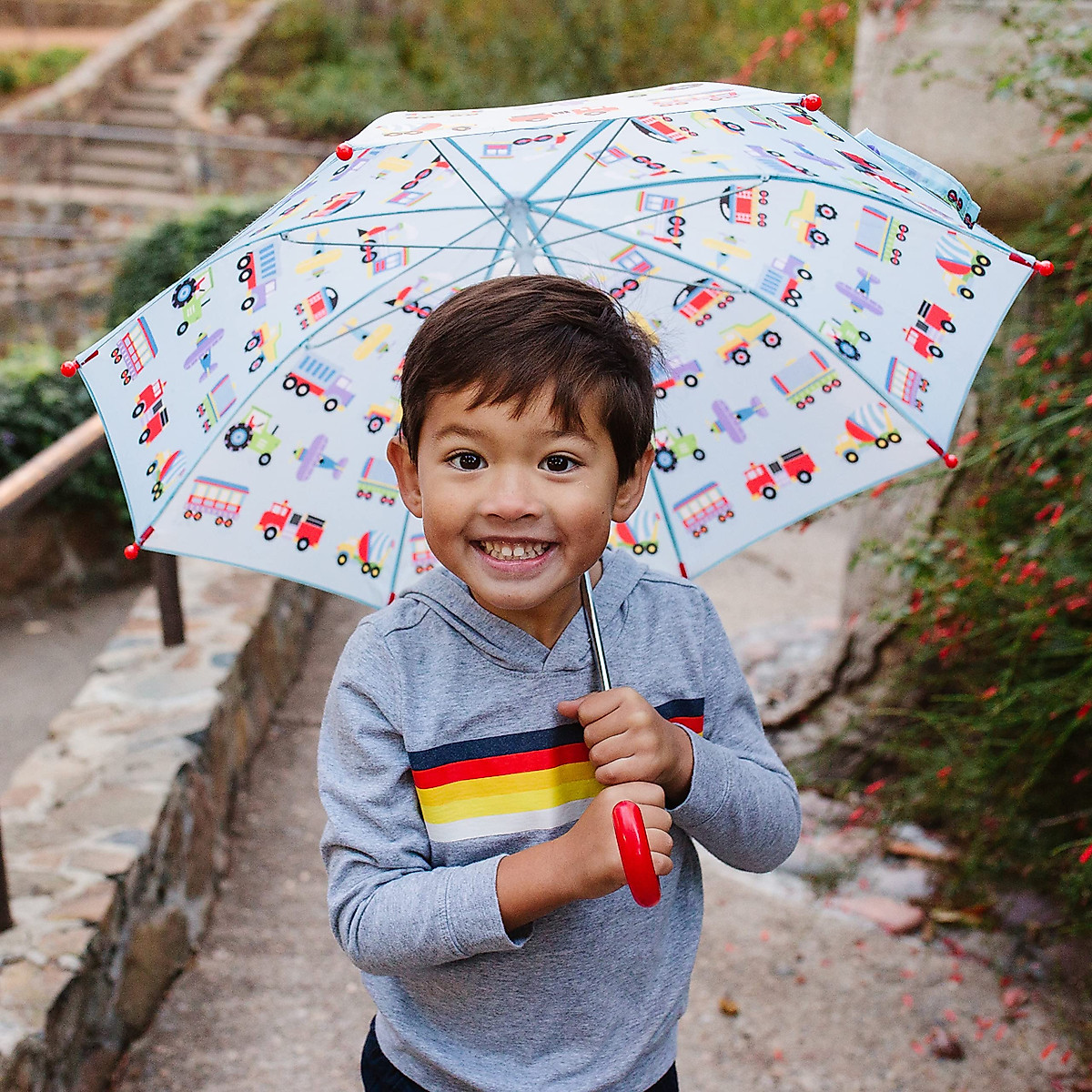 Wildkin Kids Umbrella for Boys & Girls, Features Rainproof Canopy and Curved Handle for Easy Hanging, Wrap Around Hook and Loop Closure Umbrella for Kids (Trains, Planes & Trucks)