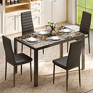 Gizoon 5 Piece Glass Dining Table Set, Kitchen and Chairs for 4, PU Leather Modern Room Sets for Home, Kitchen, Living Room