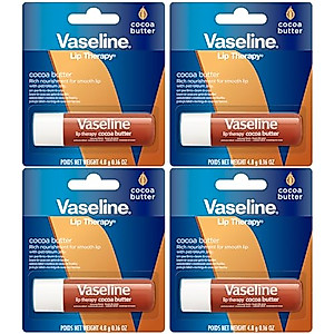 Vaseline Lip Therapy Cocoa Butter, Fast-Acting Nourishment, Ideal for Chapped, Dry, or Cracked Lips, Lip Balm Stick, 0.16 Oz (Pack of 4)