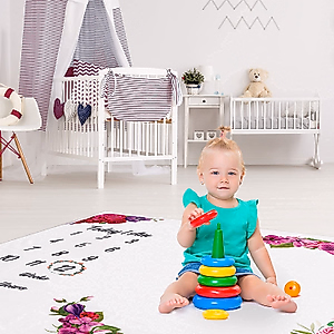 Bolino Baby Milestone Blanket for Girls Photo Prop ‎with 2 Frames, 5 Hair Bands, Flower Design in Soft ‎Minky Fleece - Baby Gift for Newborn Girl - 40x51 ‎In - Pink Flowers on White Background