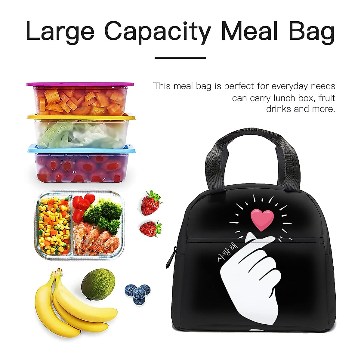 Vderxcok K-Pop Finger Heart Insulated Lunch Box Portable Thermal Cooler Tote Bag with Front Pocket Reusable Leakproof Lunch Bags for Women Men Girls Adults Work Hiking Picnic Travel