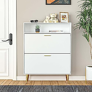 NOVAMAISON Shoe Cabinet for Entryway, Narrow Shoe Storage Cabinet with 2 Flip Doors and Shelf, Freestanding Shoe Organizer for Hallway, Bedroom, Apartment, White