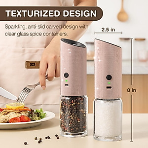 VUCCHINI Electric Gold Salt and Pepper Grinder Set - Adjustable Coarseness Automatic Pepper Mill Grinder - One Hand Automatic Operation Rechargeable Stainless Steel Salt Grinder Pink