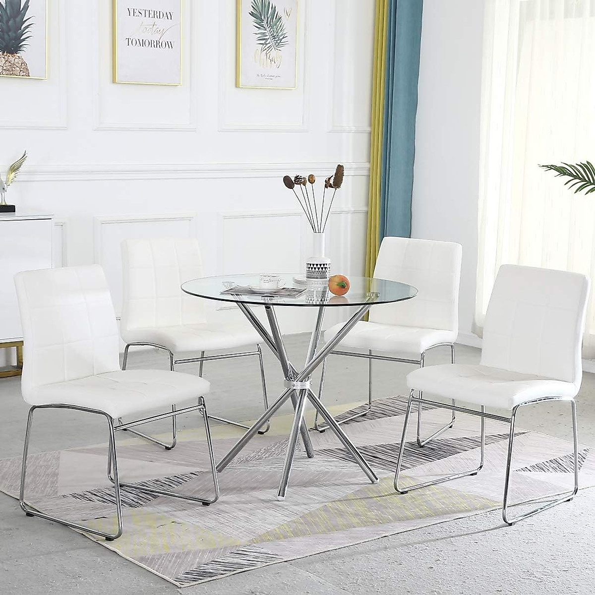 Modern Round Dining Table with Clear Tempered Glass Top, 4 Chrome Legs Kitchen Table for 2 or 4 Person,Round Dining Table Furniture for Home Office Kitchen Dining Room(W 35.4 x L 35.4 x H 29.5 inch)