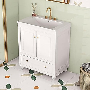 Bellemave 30" Bathroom Vanity with Ceramic Basin Sink, Combo Cabinet Under-Mount Sink, Bathroom Storage Cabinet with 2 Doors and 1 Long Drawer for Bathroom No Mirror (White)
