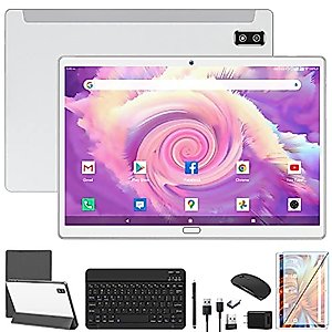 Android 11.0 Tablet, 2023 Latest 2 in 1 Tablet 10.1 Inch, 4G Cellular Tablet with Keyboard, 64GB+4GB Storage, Octa-Core Processor, 2 Sim Slot, 13MP Camera, Mouse/Stylus/GPS/WiFi/Bluetooth (Silver)