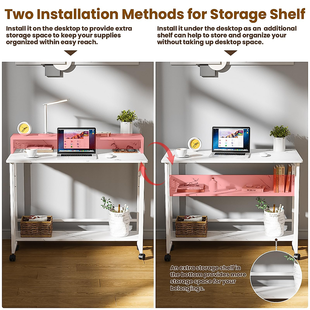 Gezen Folding Desk with Double Storage Shelves, Small Rolling Desk with Wheels for Living Room Bedroom, Mobile Computer Desk Portable Laptop PC Desk Writing Table for Small Space, 31.5", White Marble