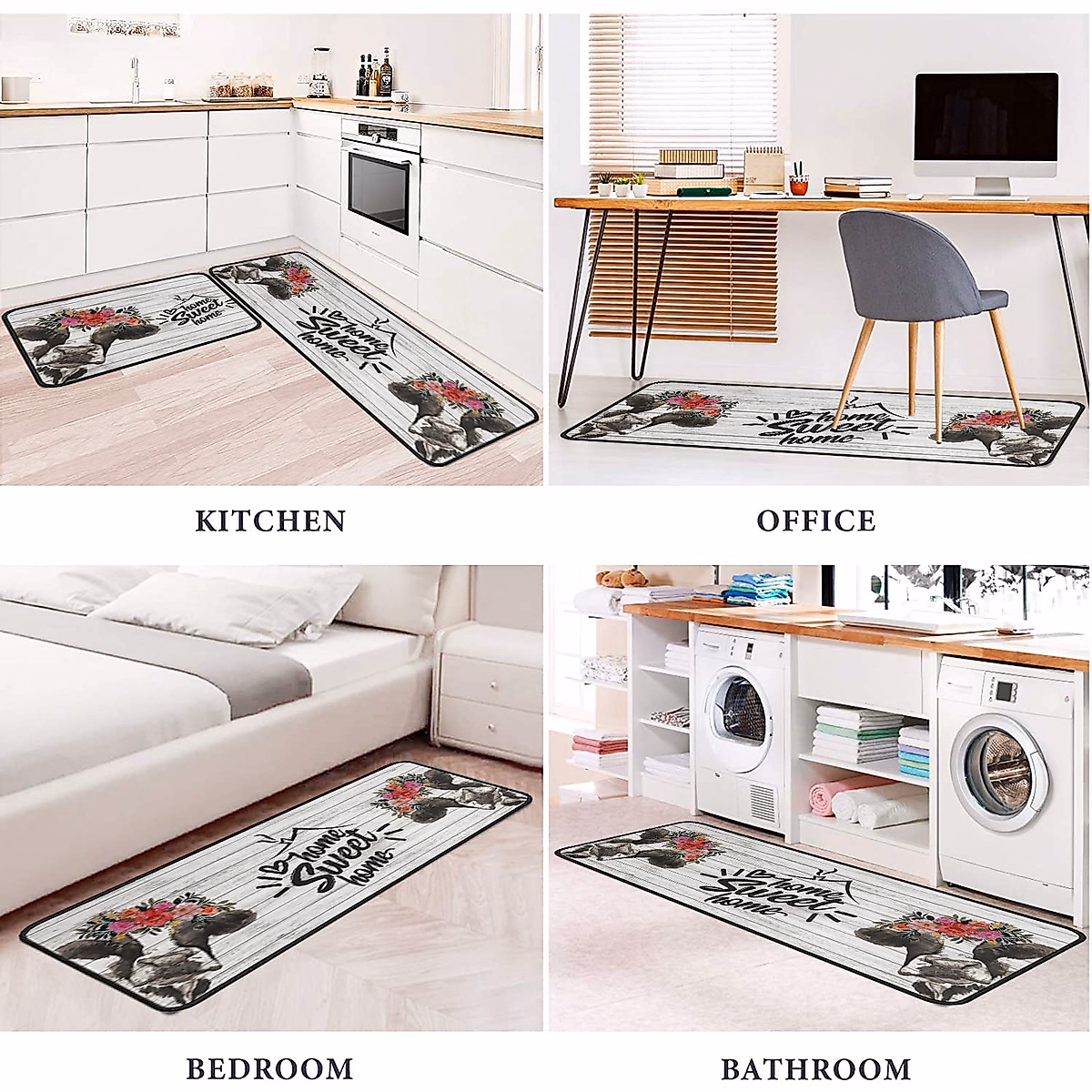 Farmhouse Cow Kitchen Rugs and Mats Set of 2 Pieces,Home Sweet Home Kitchen Mat Non Slip Absorbent Mats for Sink Waterproof Runner Rug for Laundry Room17 x48