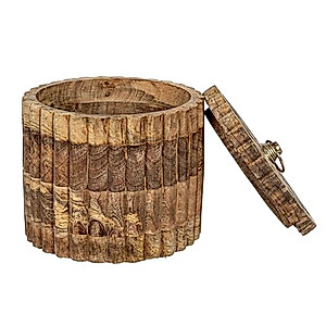 Creative Co-Op 5.75 Inches Round Carved Mango Wood Pleated Lid and Metal Pull, Natural and Antique Gold Finish Display Box